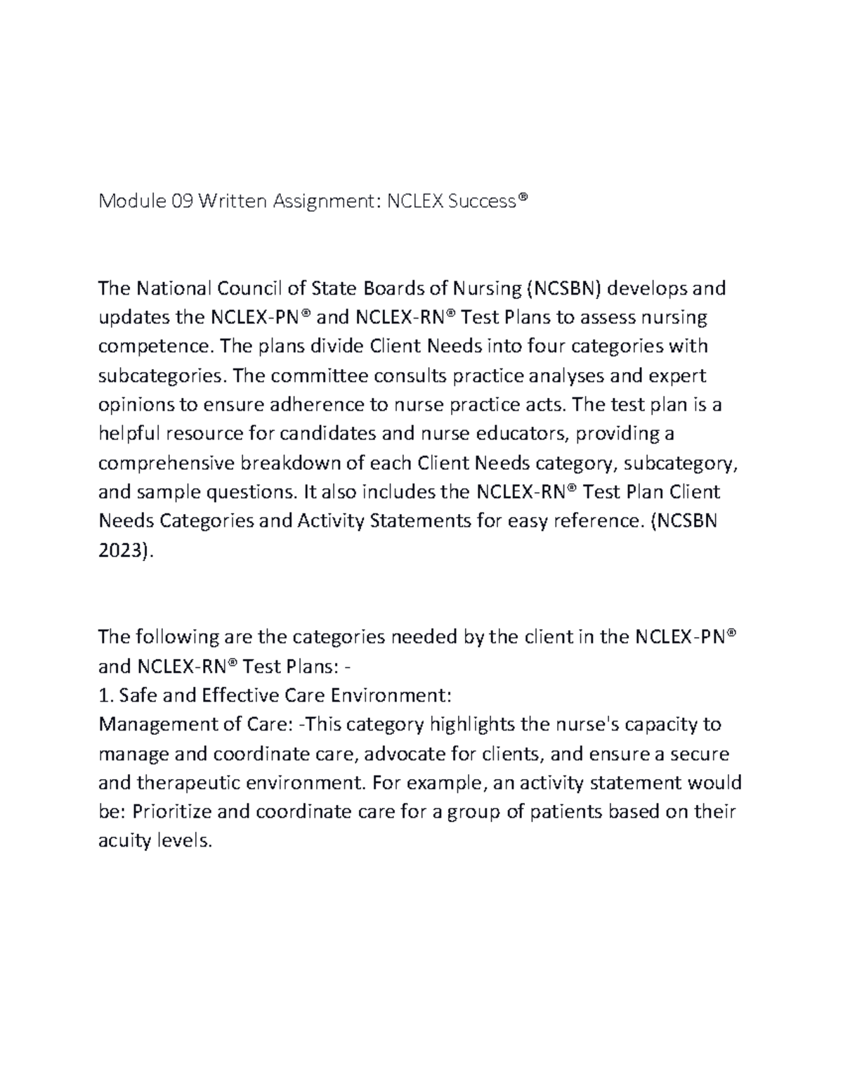NUR Module 09: NCLEX Success Written Assignment Guide - Studocu