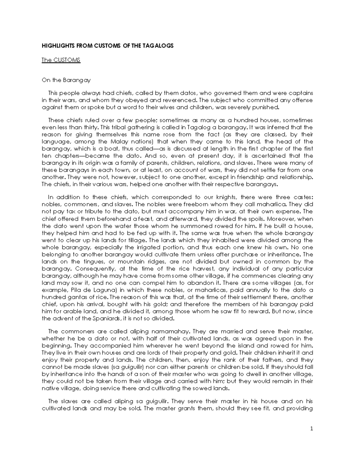 Highlights of Customs in the Tagalog Society (HIST 101) - Studocu