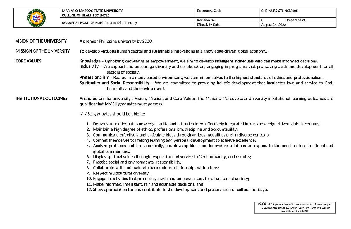 NCM 105 Final Exam Syllabus: Nutrition and Diet Therapy 2023-2024 - Studocu