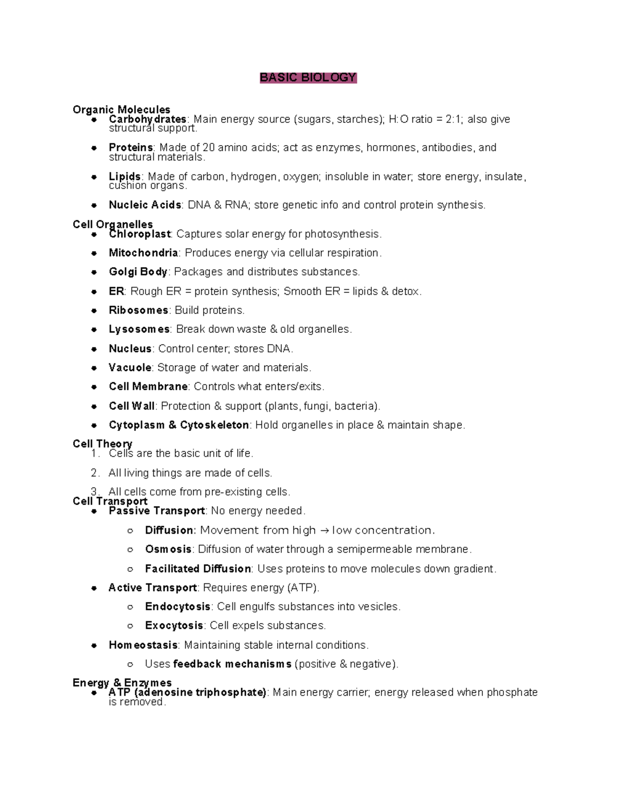 BASIC BIOLOGY: Organic Molecules and Cell Functions Review - Studocu