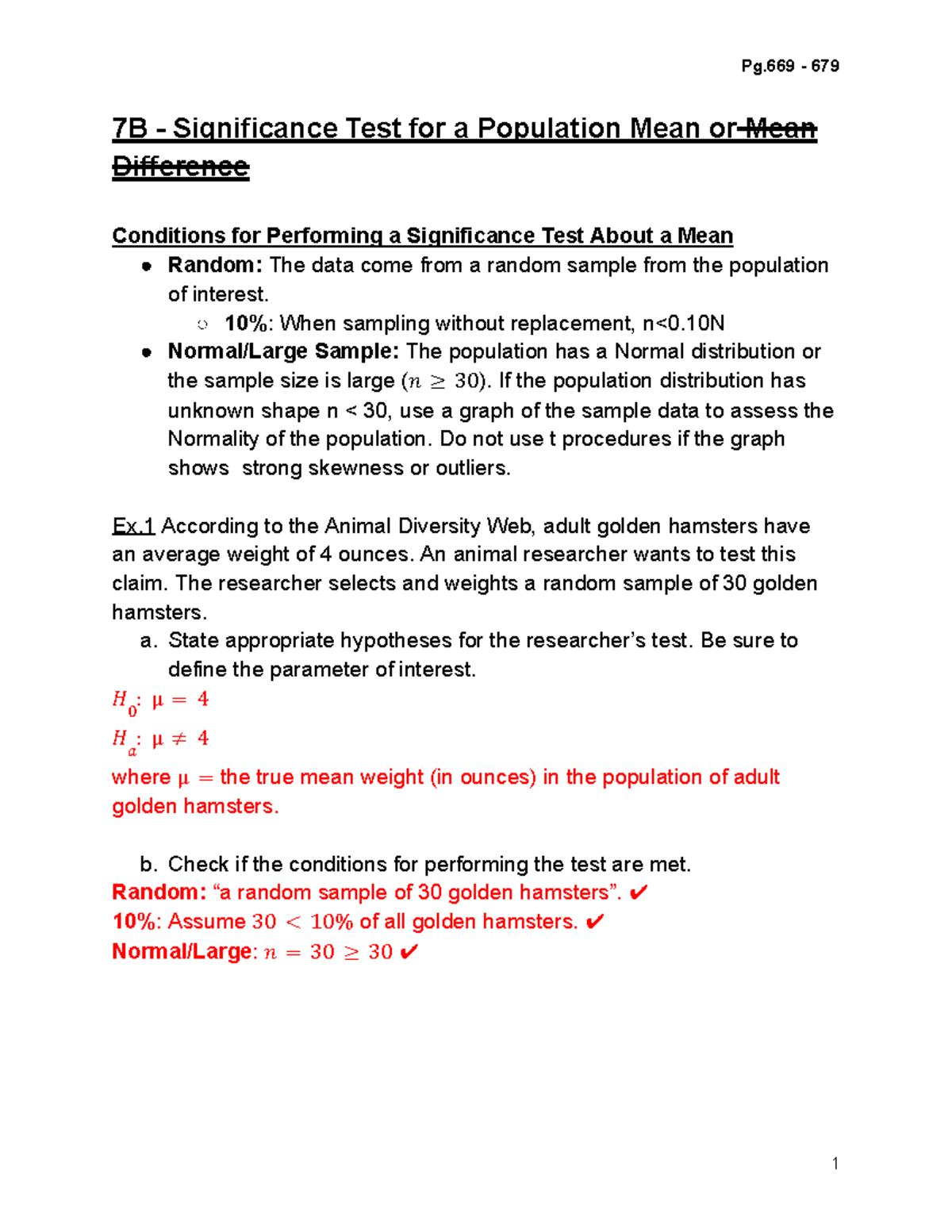 Significance Test for Population Means - Conditions and Calculations ...