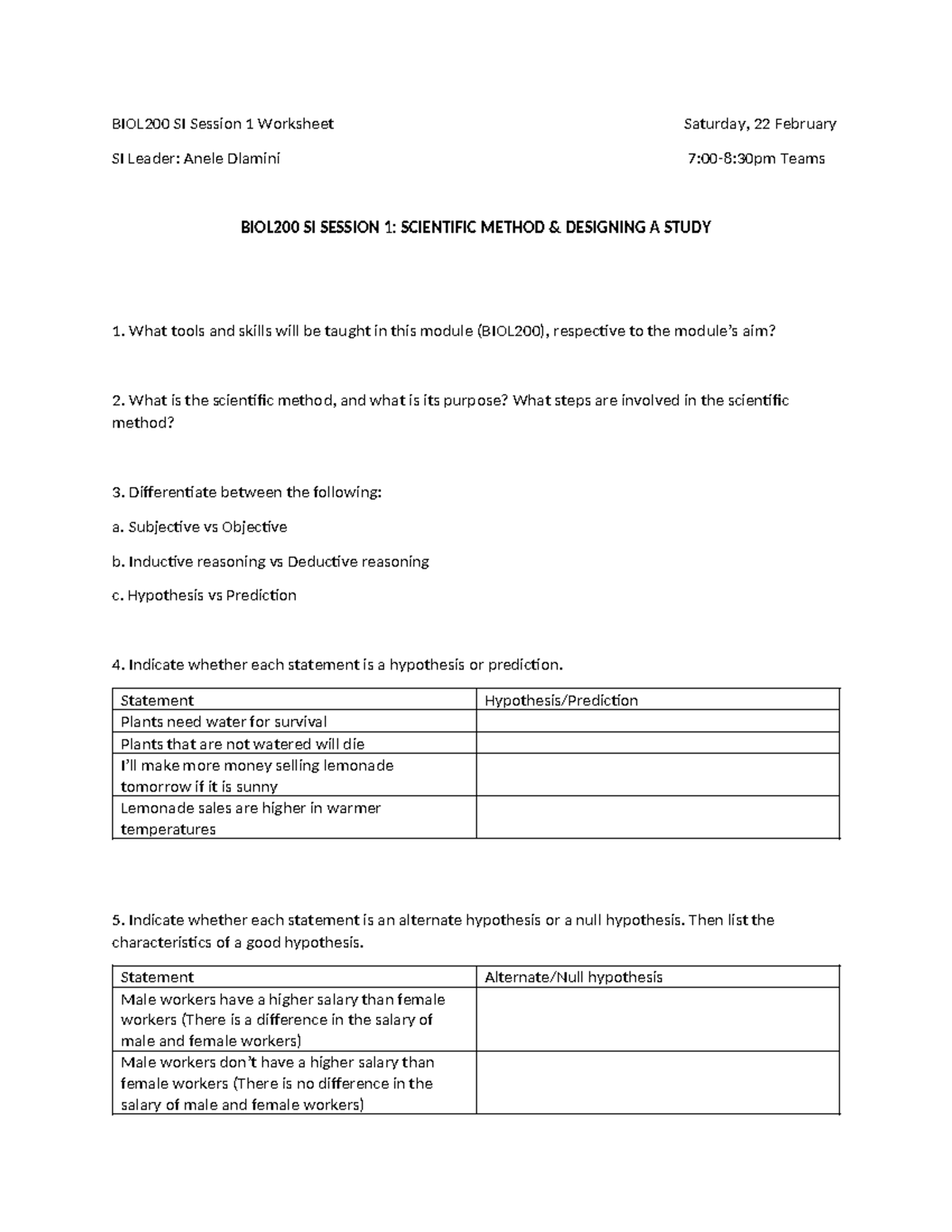 BIOL200 SI Session 1 Worksheet - BIOL200 SI Session 1 Worksheet Saturday, 22 February SI Leader ...