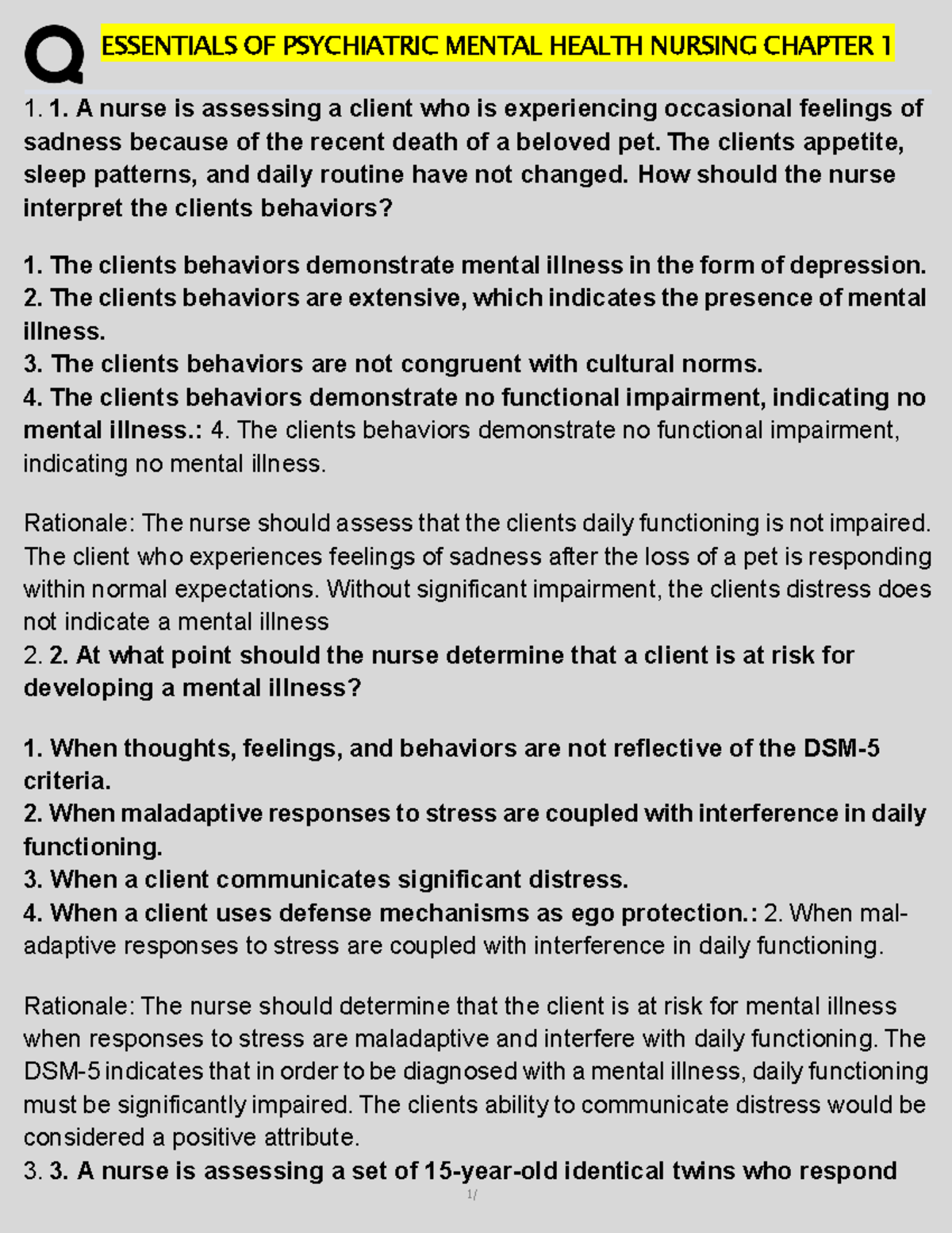 Essentials of Psychiatric Mental Health Nursing (NUR 101) Chapter 1 Q&A ...