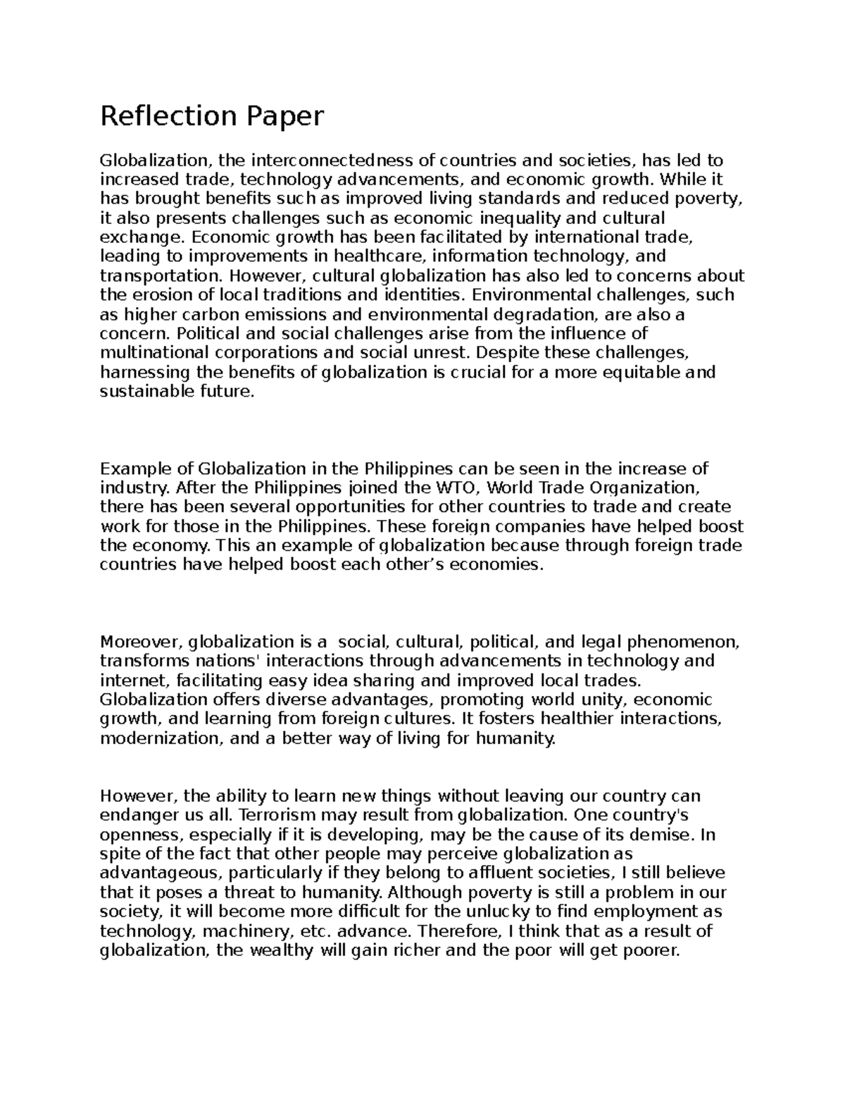 Reflection Paper. copy - Reflection Paper Globalization, the ...