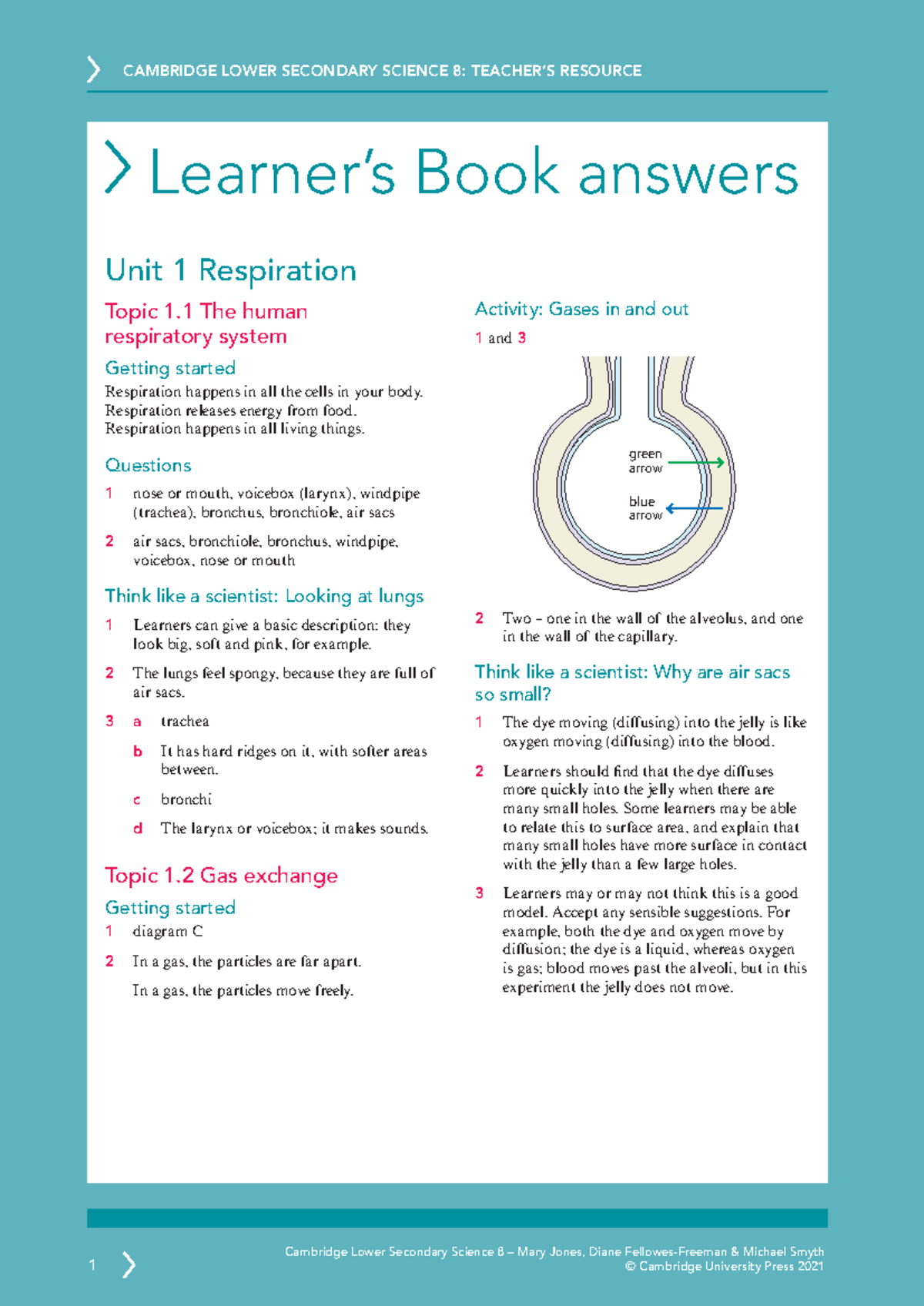 CAMBRIDGE LOWER SECONDARY SCIENCE 8: UNIT 1 RESPIRATION ANSWERS - Studocu