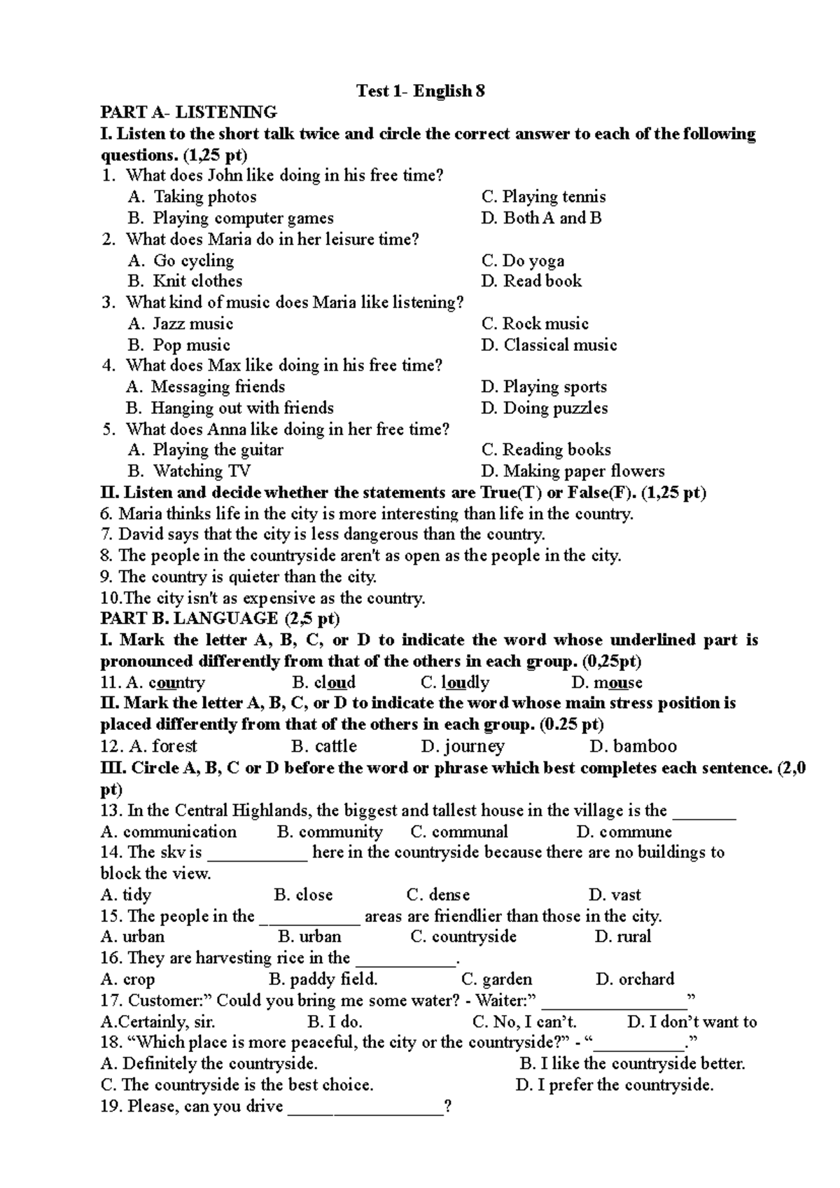 Listening Test English 8: Practice Questions and Answers - Studocu