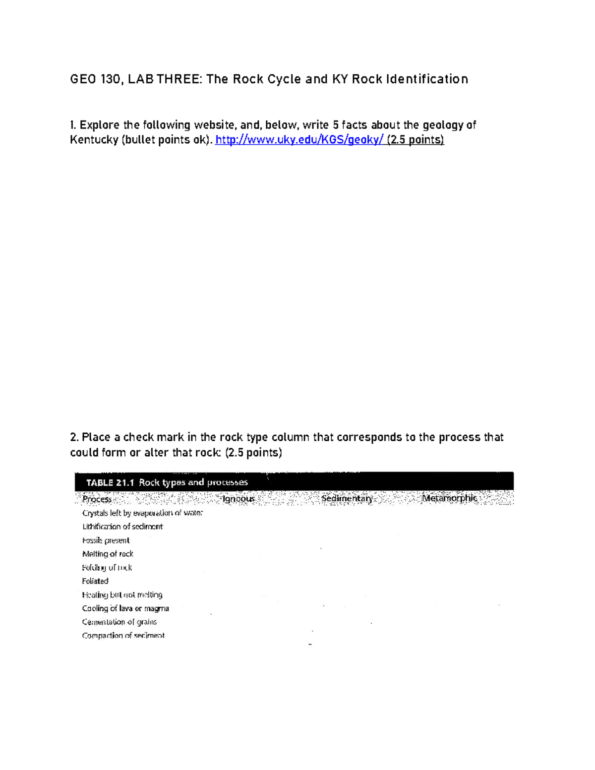 Lab 3 - lab - GEO 130, LAB THREE: The Rock Cycle and KY Rock ...
