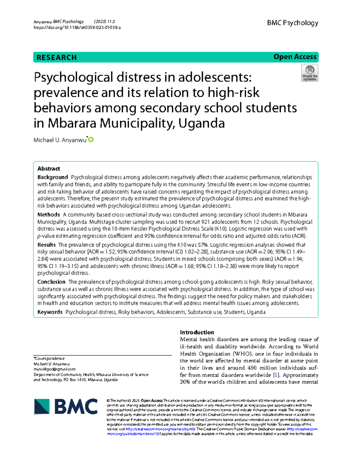 Psychological Distress in Adolescents: A Study in Mbarara, Uganda (BMC ...