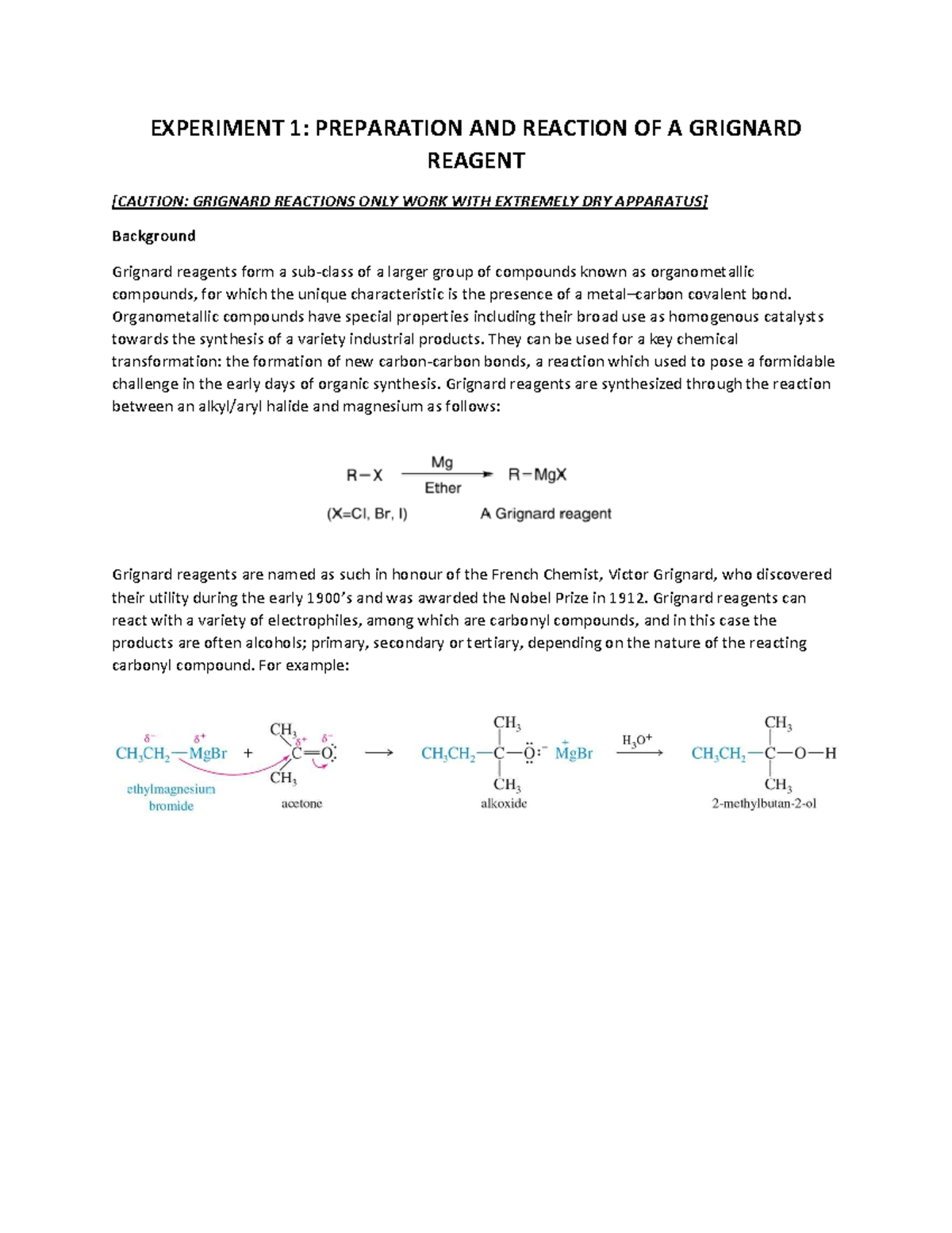 Experiment 1: Grignard Reagent Preparation & Reactions - Studocu