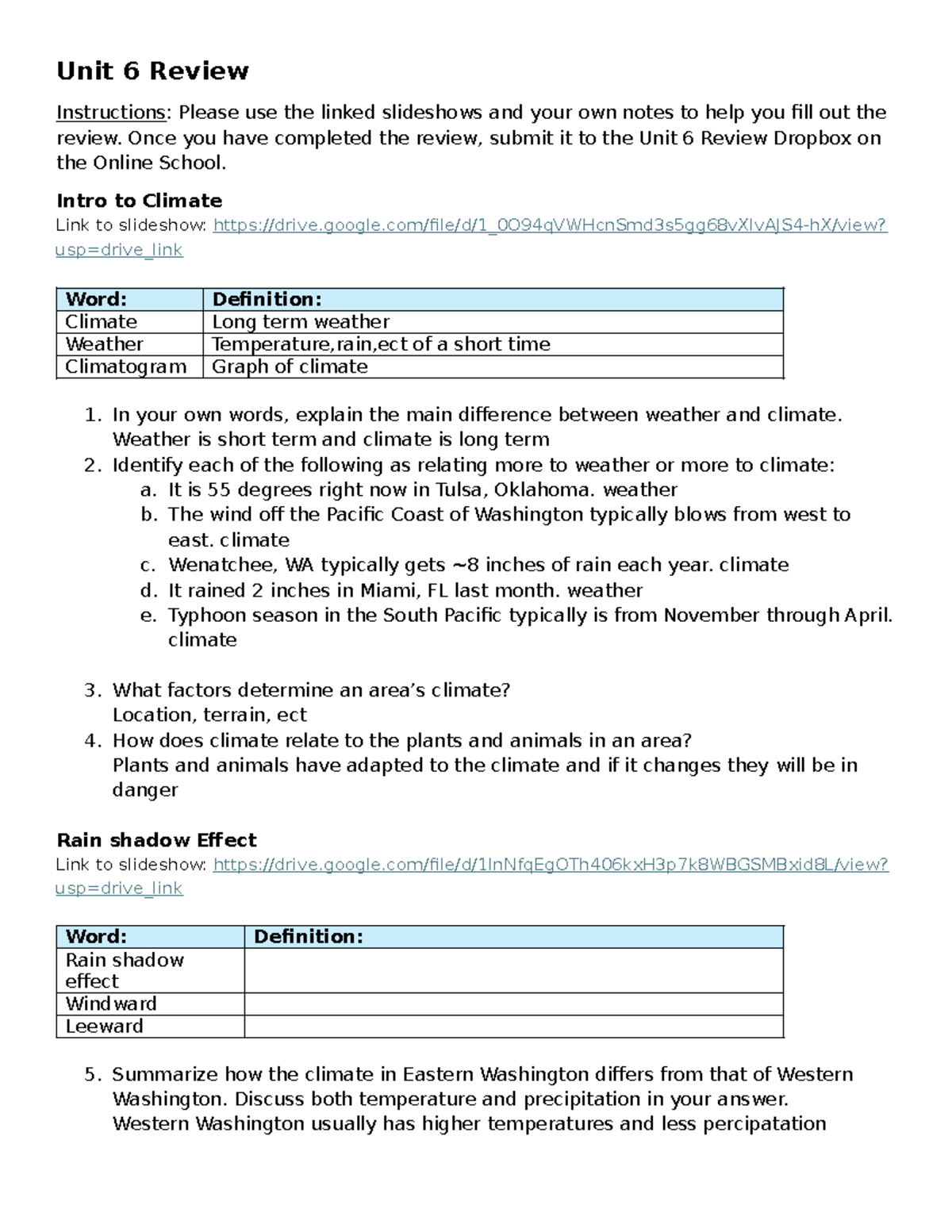 Unit 6 Review - Unit 6 Review Instructions: Please use the linked ...