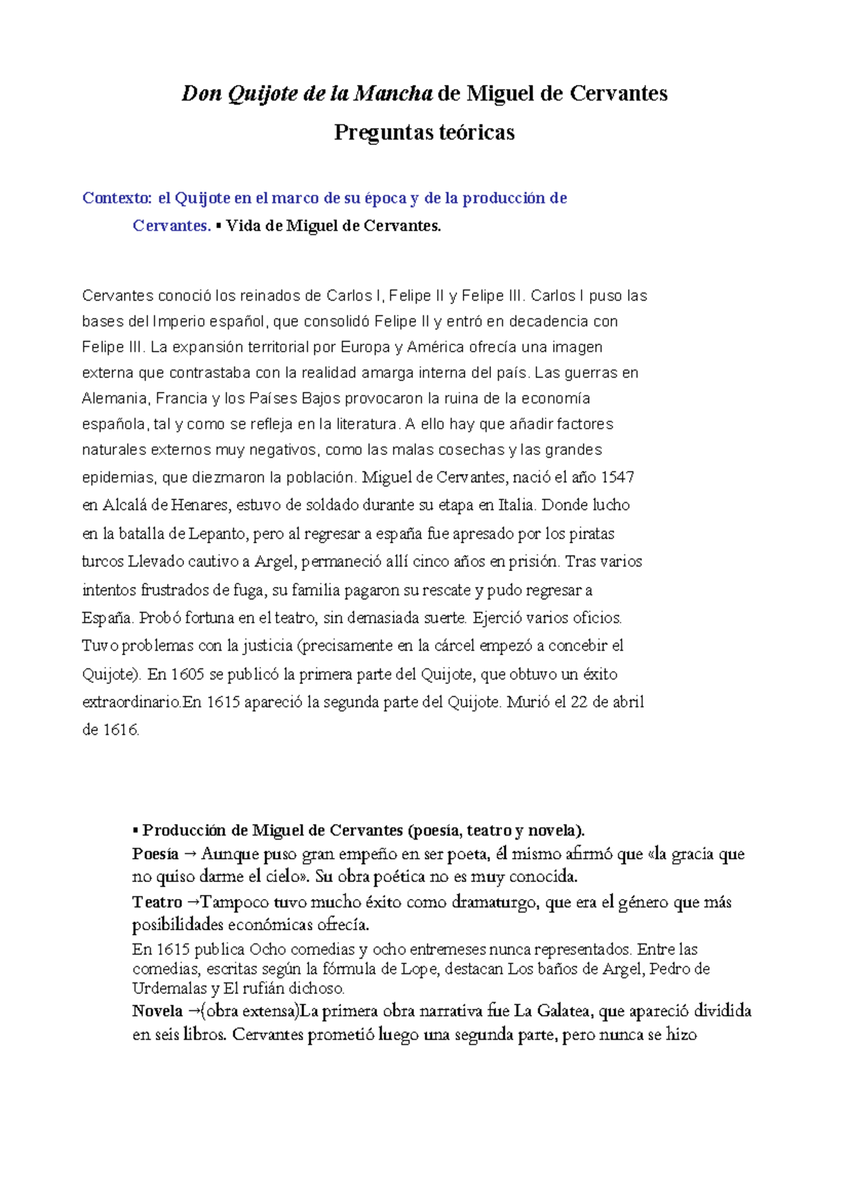 Preguntas teóricas Don Quijote PAU 2025 - Don Quijote de la Mancha de ...