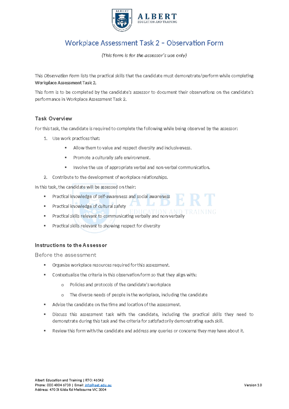 CHCDIV 001 Workplace Assessment Task 2 - Observation Form v2 - Studocu