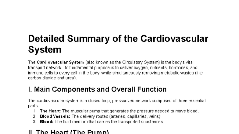 Detailed Summary of the Cardiovascular System: Key Components and ...