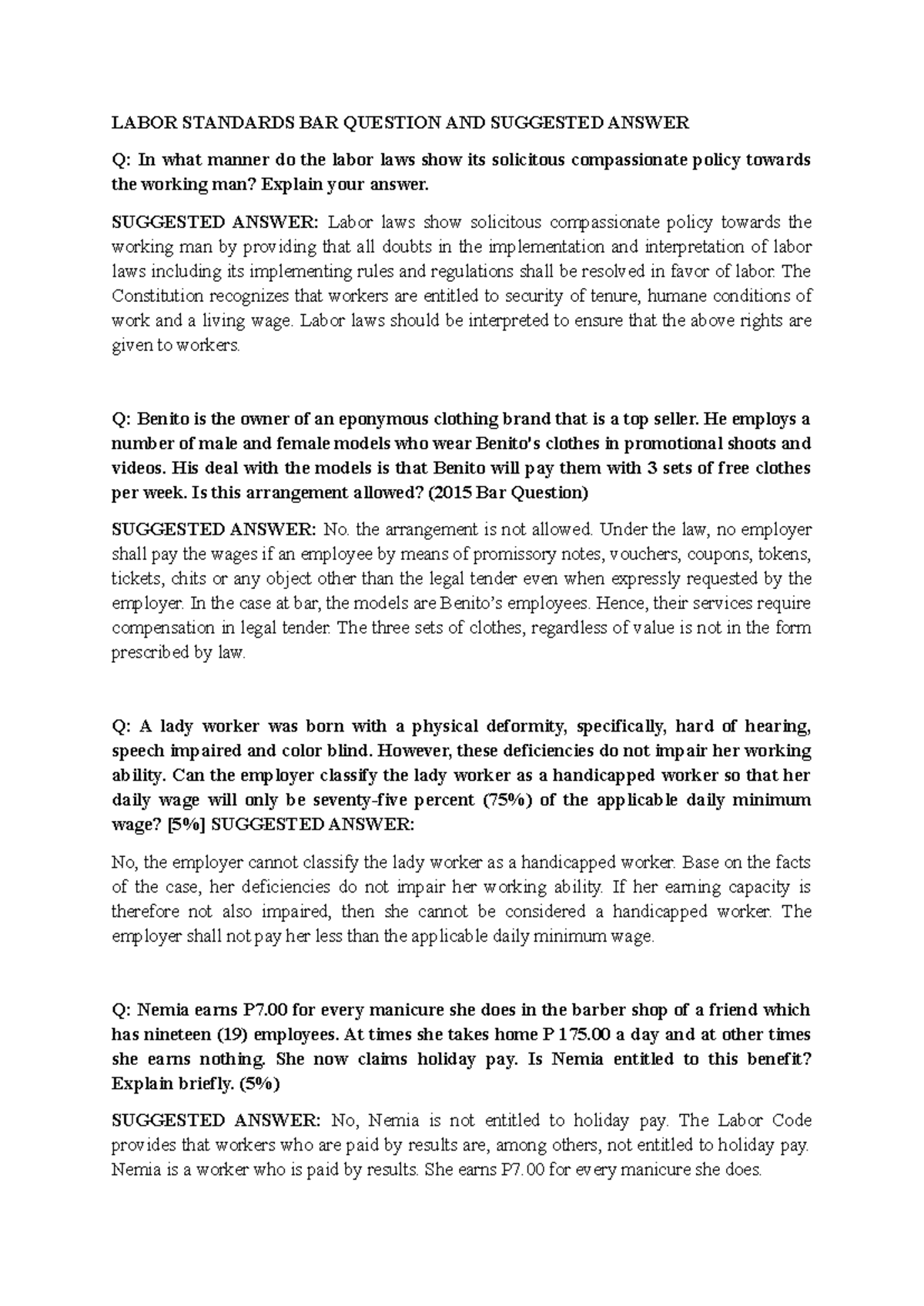 Final Reviewer on Labor Code: Key Bar Questions & Answers - Studocu