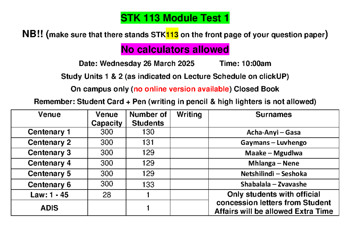 STK 113 Test 1 Scope for March 2025: Important Instructions - Studocu