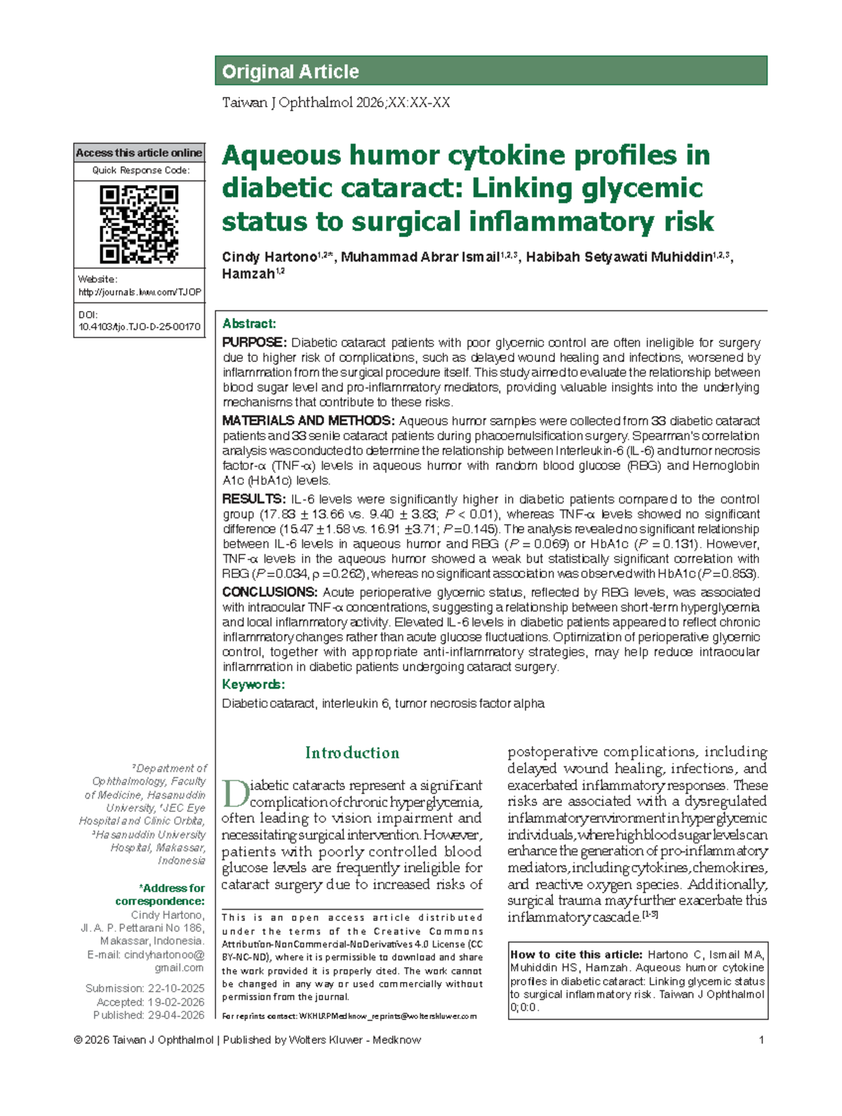 Aqueous Humor Cytokine Profiles in Diabetic Cataract: Glycemic Status ...