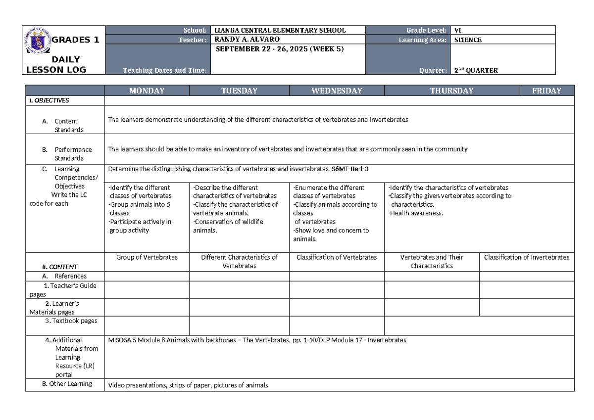 DLL Science 6 Q2 W5: Daily Lesson Log on Vertebrates - Studocu