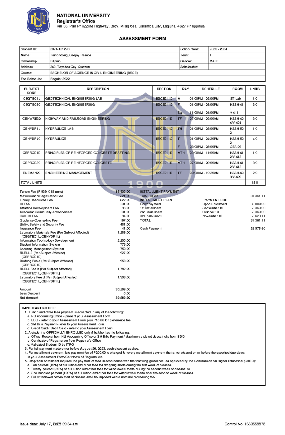 Assessment Form for BSCE Student ID 2021-121296 (SY 2023-2024) - Studocu