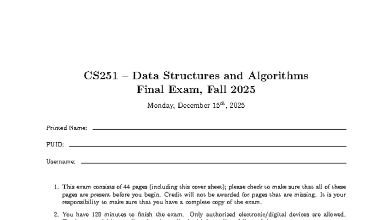 CS251 Data Structures and Algorithms Final Exam Solutions, Fall 2025 ...