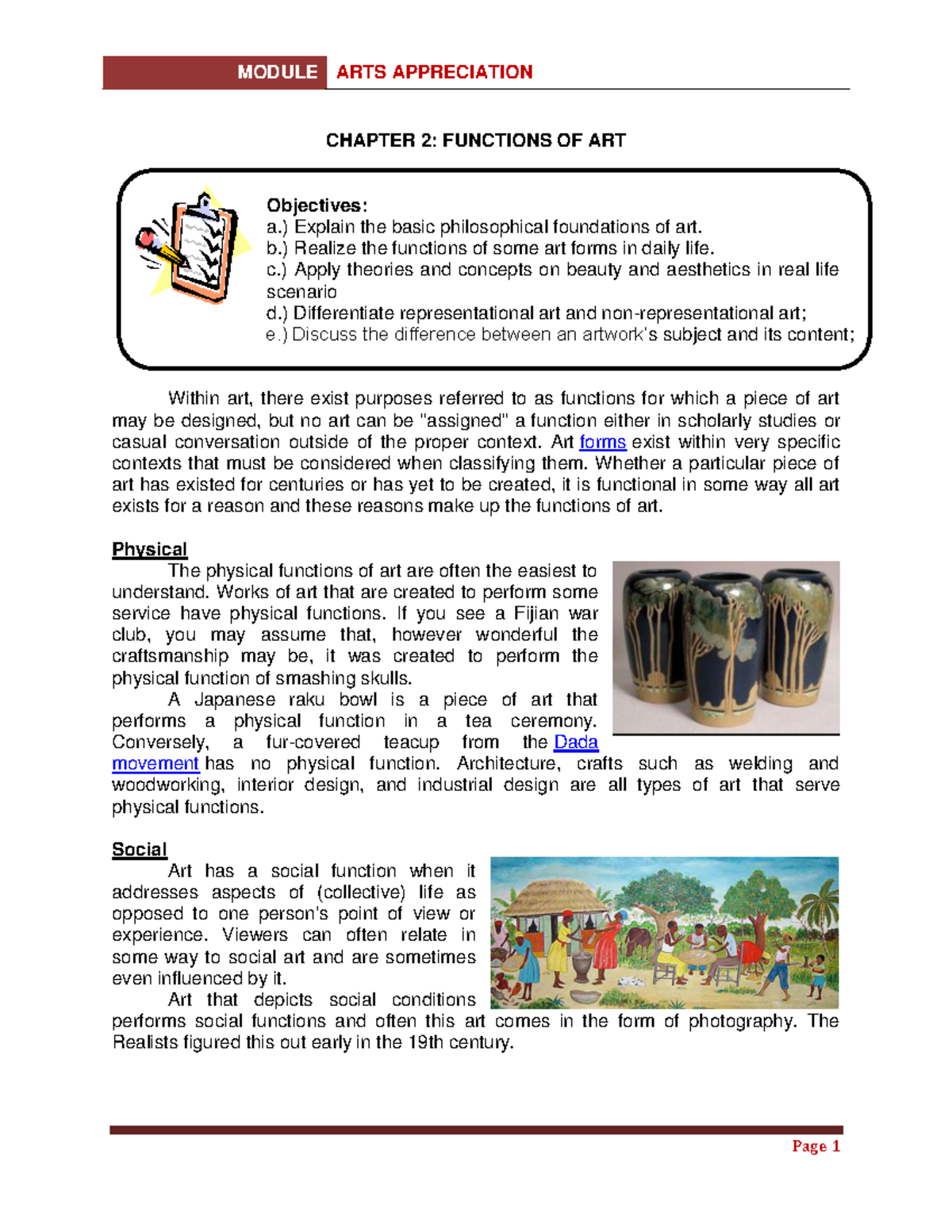 Chapter 2- Functions OF ART - CHAPTER 2: FUNCTIONS OF ART Objectives: a ...