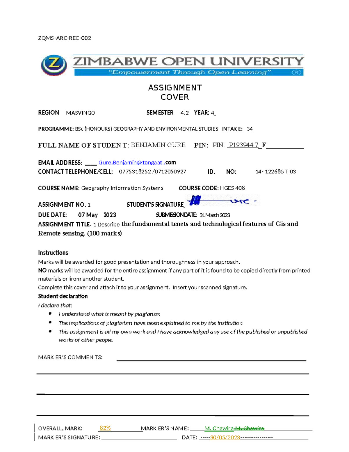 GIS PRACTICALS - ZQMS-ARC-REC- 002 ASSIGNMENT COVE R REGION MASVINGO SEMESTER 4 YEAR: 4 ...