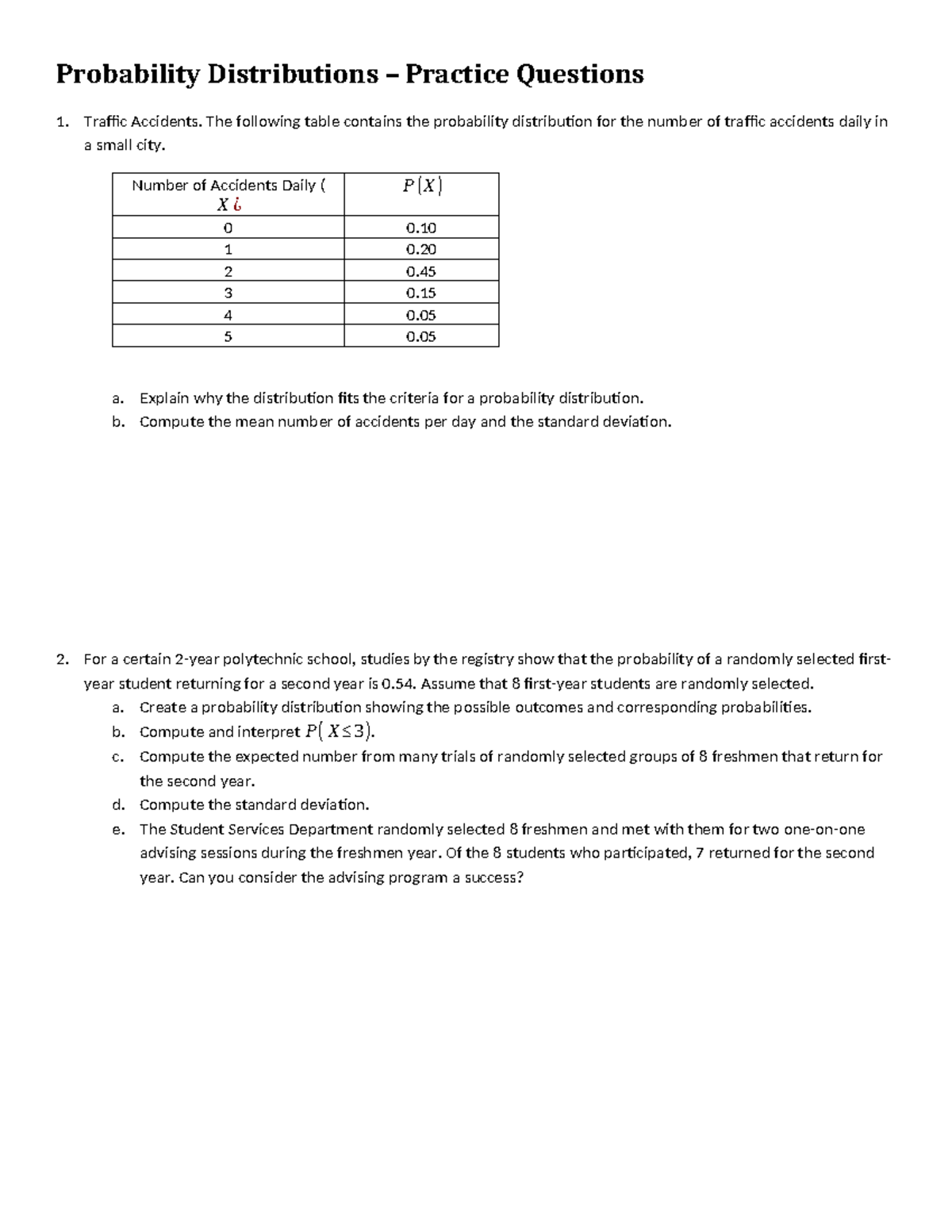 Probability Distribution Worksheet: Key Concepts and Practice Questions ...