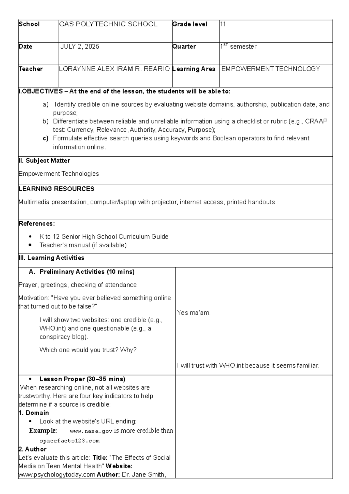 ET DLP 3 - Detailed Lesson Plan on Evaluating Online Sources - Studocu