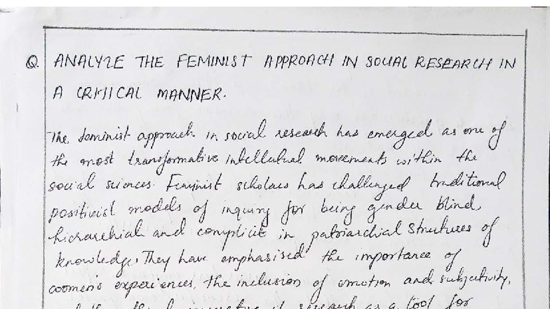 Feminist Approach in Social Research: A Critical Analysis - Studocu
