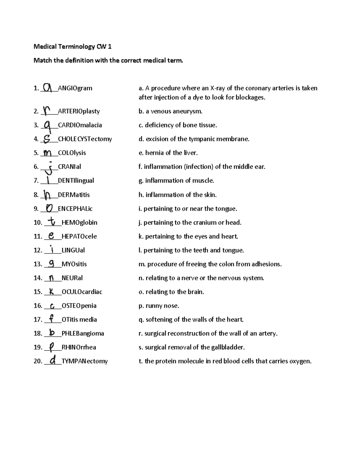 Medical Terminology CW 1: Match Definitions to Terms - Studocu