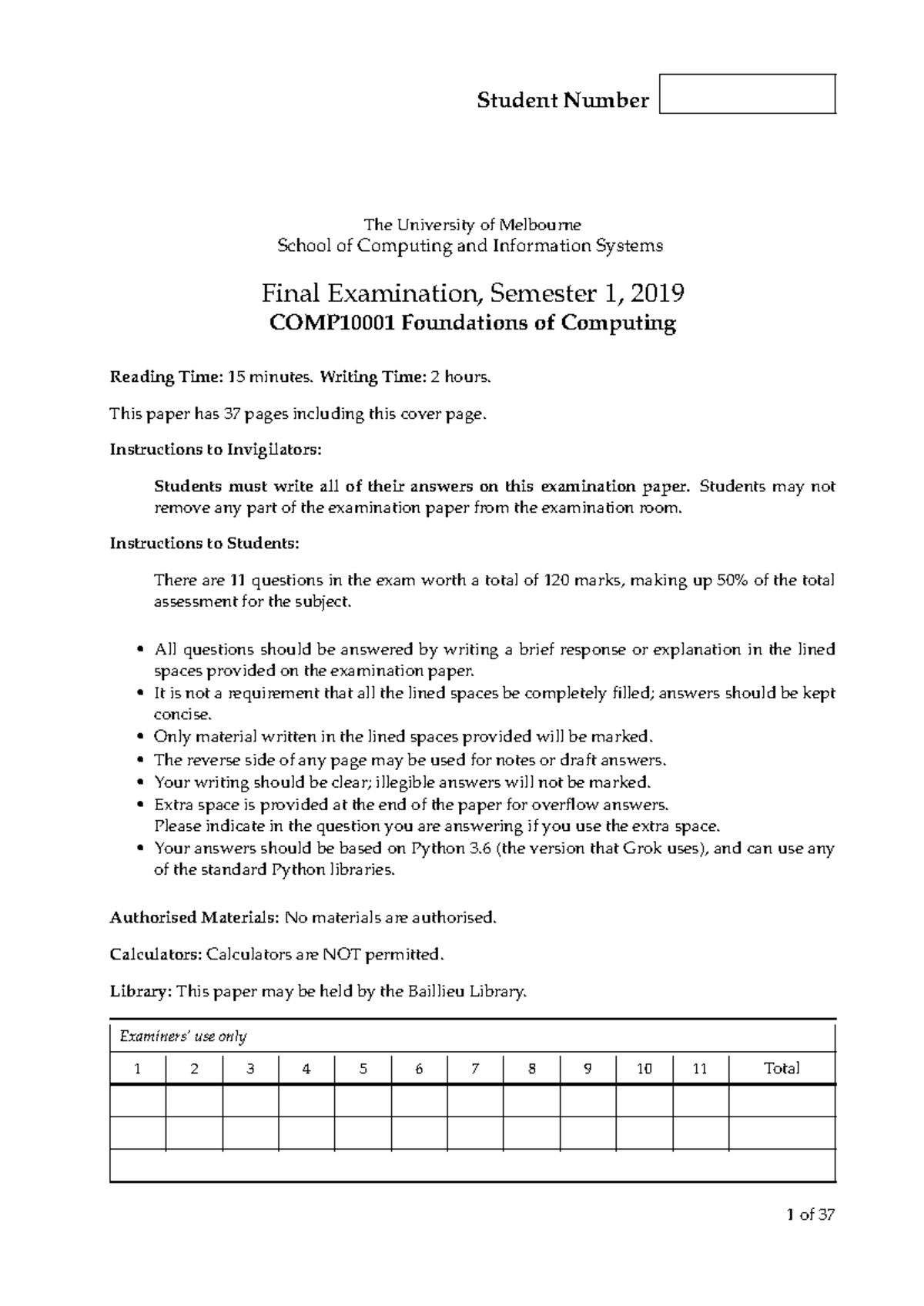 Foundations of Computing Final Exam (COMP10001) - Semester 1, 2019 ...
