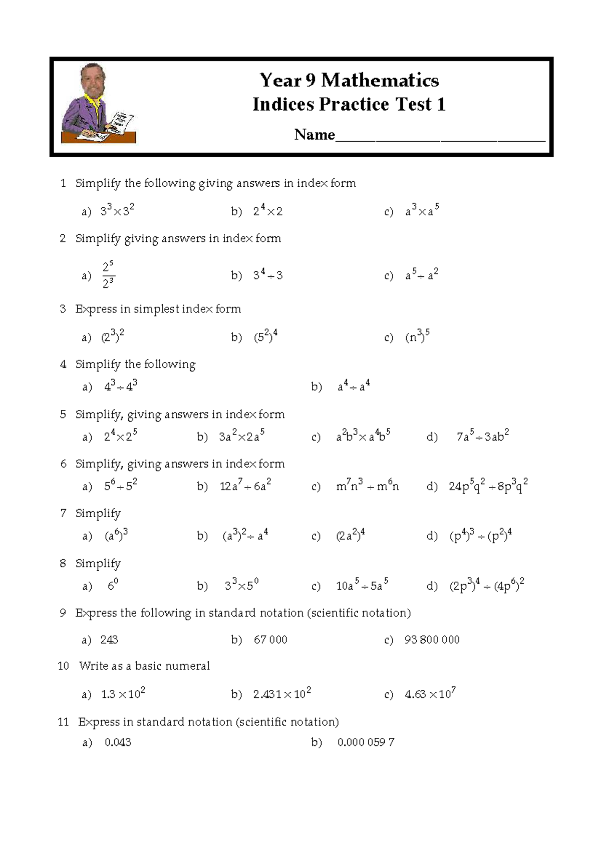 Year 9 Mathematics Indices Practice Test 1 - Simplification Exercises ...
