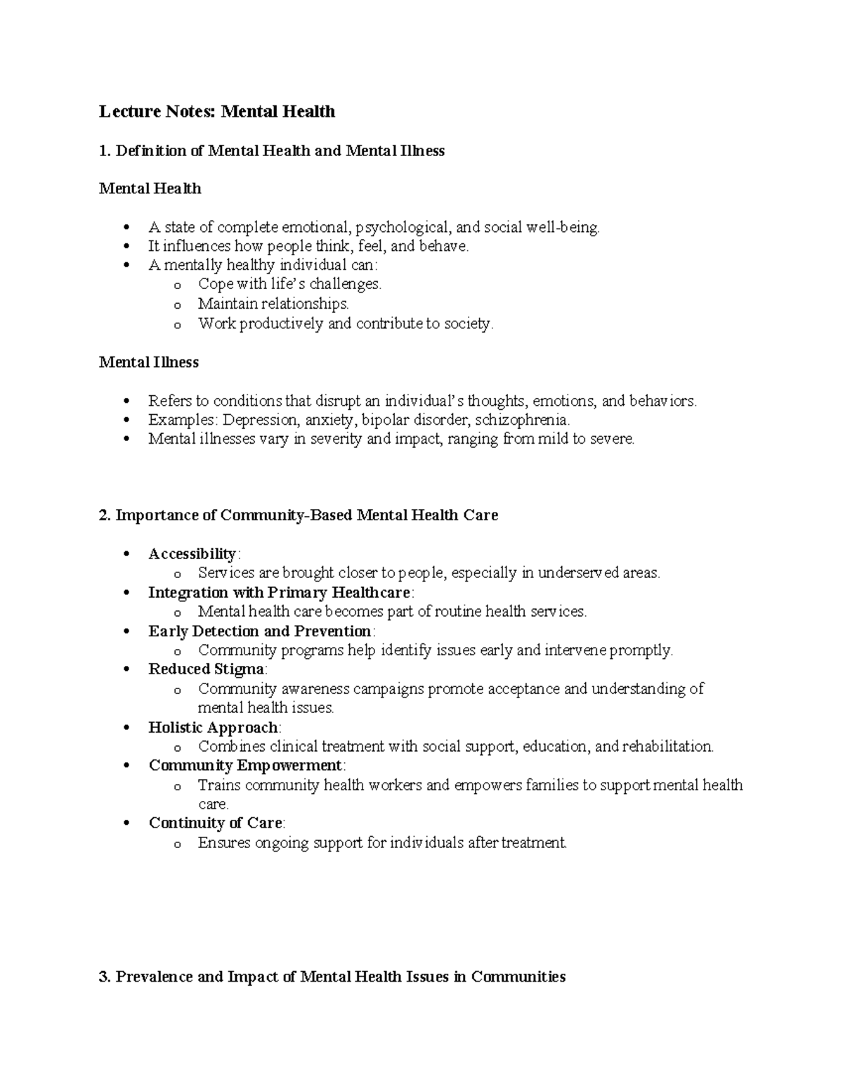 Mental Health Lecture Notes (MH101): Understanding Community Impact ...
