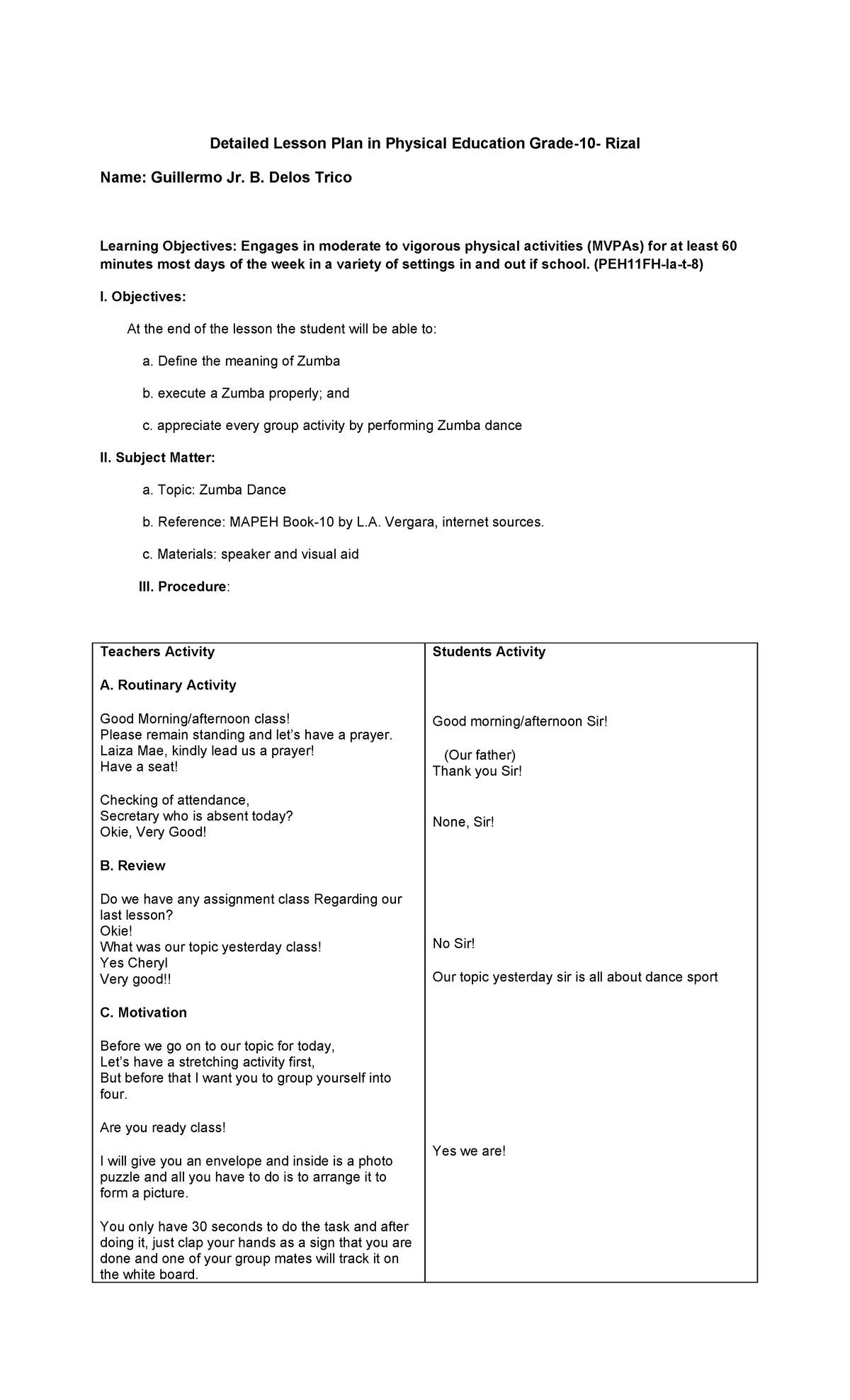 Detailed Lesson Plan in PEH11FH for Zumba Dance Activity - Studocu