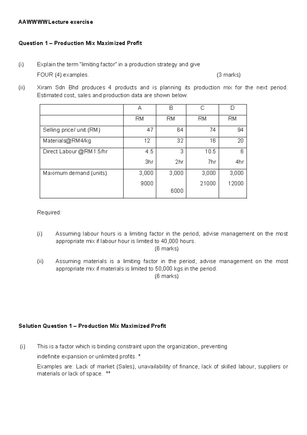 Lecture Exercise: Production Mix for Maximized Profit (Q1) - Studocu