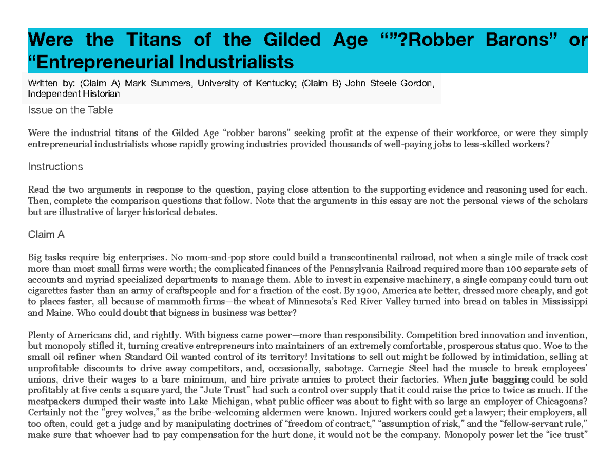 Robber Barons vs Entreprenuerial Industrialists - Were the Titans of ...