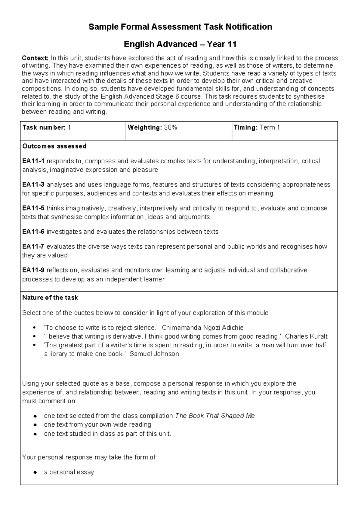 Yr 11 English Advanced: Reading to Write Assessment Task Sample - Studocu