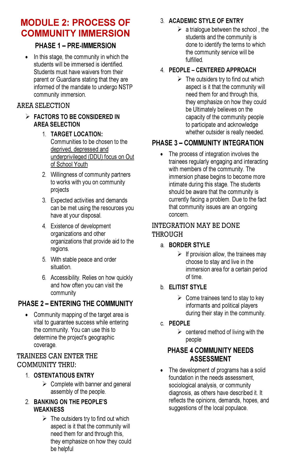 MODULE 2: COMMUNITY IMMERSION PROCESS PHASE 1 REVIEWER - Studocu