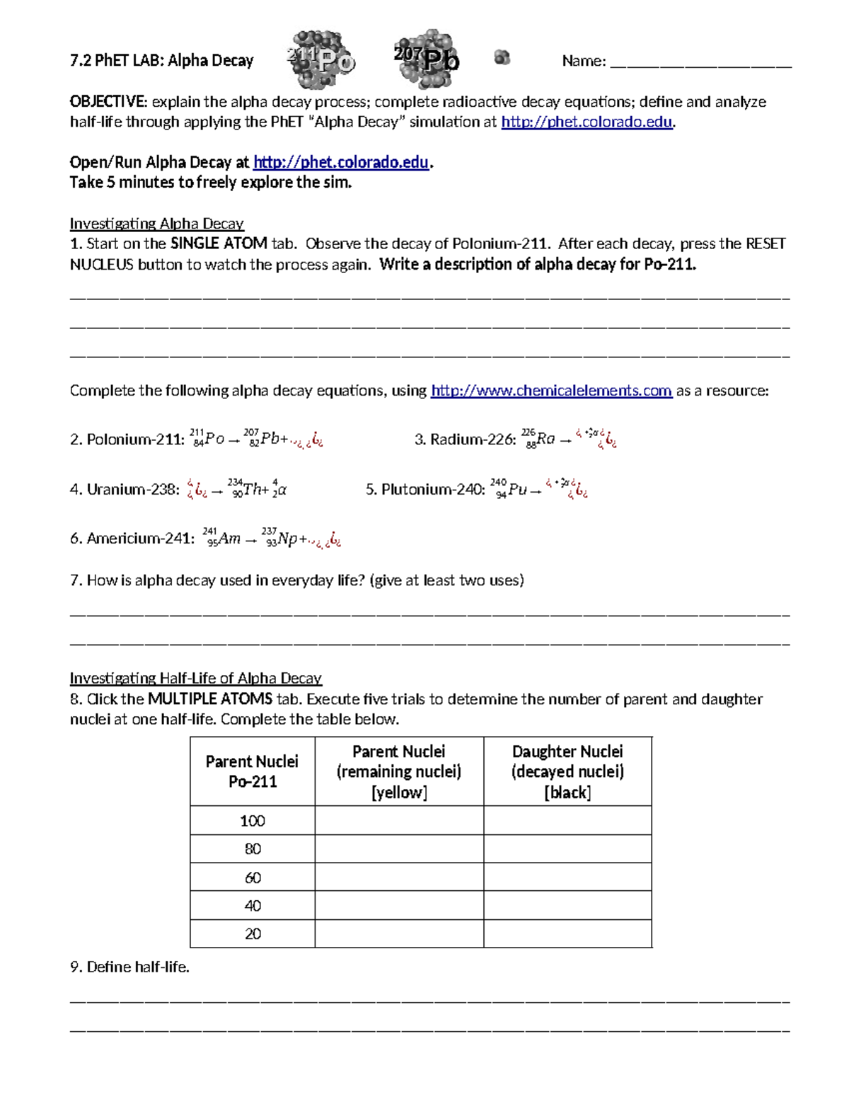 7.2 PhET LAB: Alpha Decay Worksheet and Analysis - Studocu