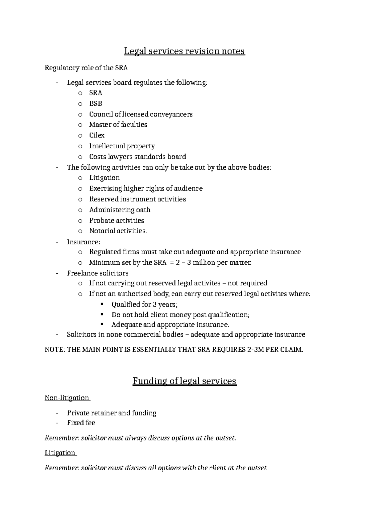 Legal Services Revision Notes: Regulatory Role of the SRA - Studocu