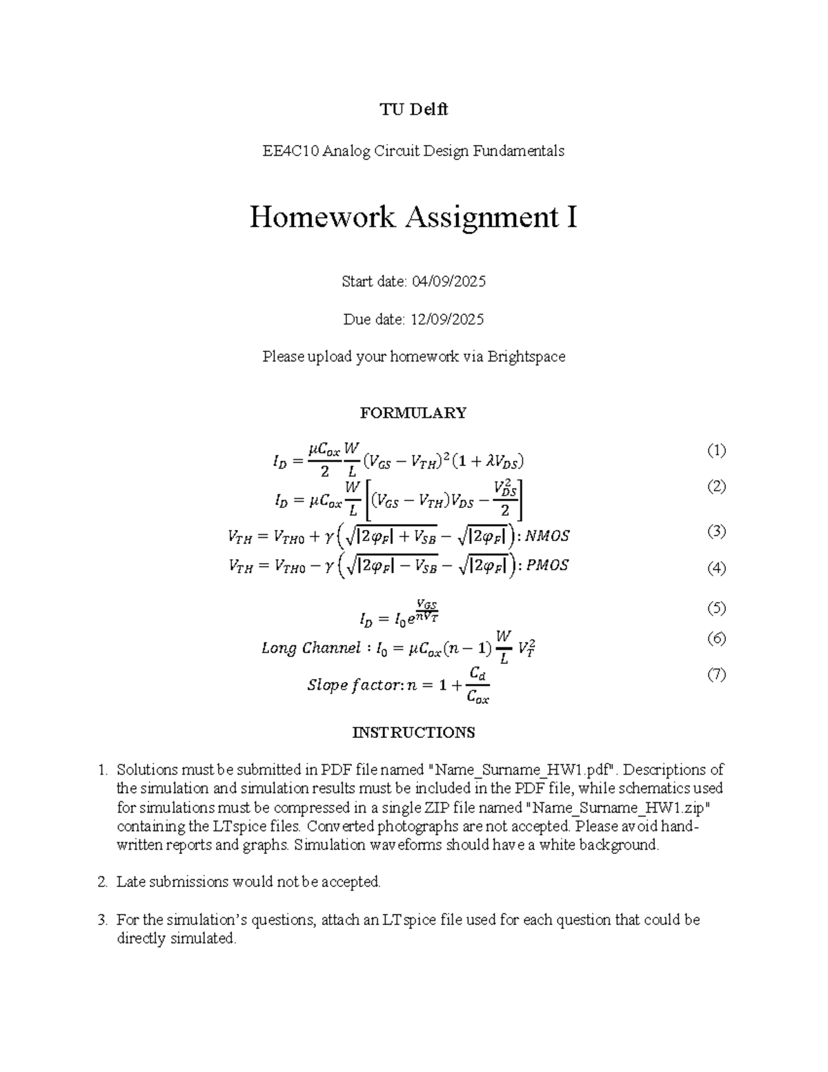 TU Delft EE4C10 Analog Circuit Design Fundamentals Homework 1 - Studeersnel