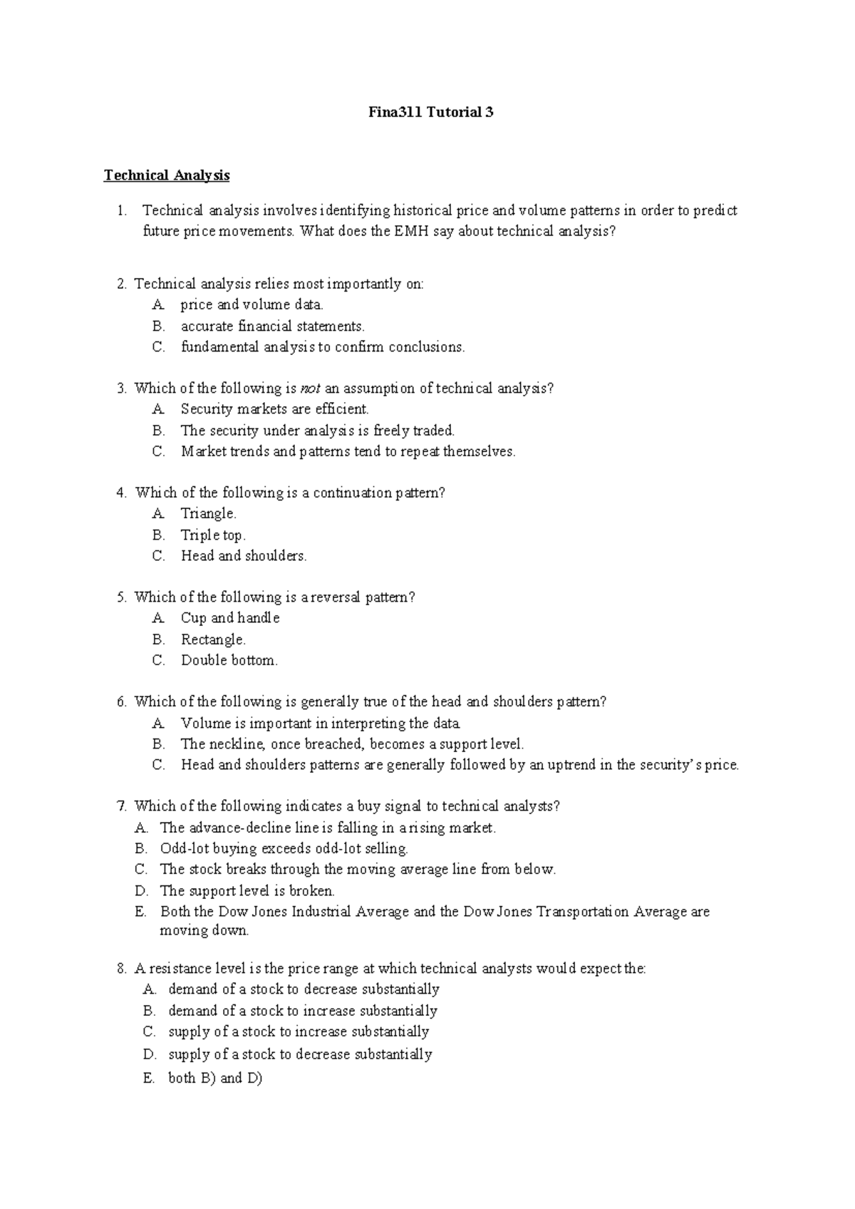 Fina311 Tutorial 3: Key Questions on Technical Analysis Techniques ...