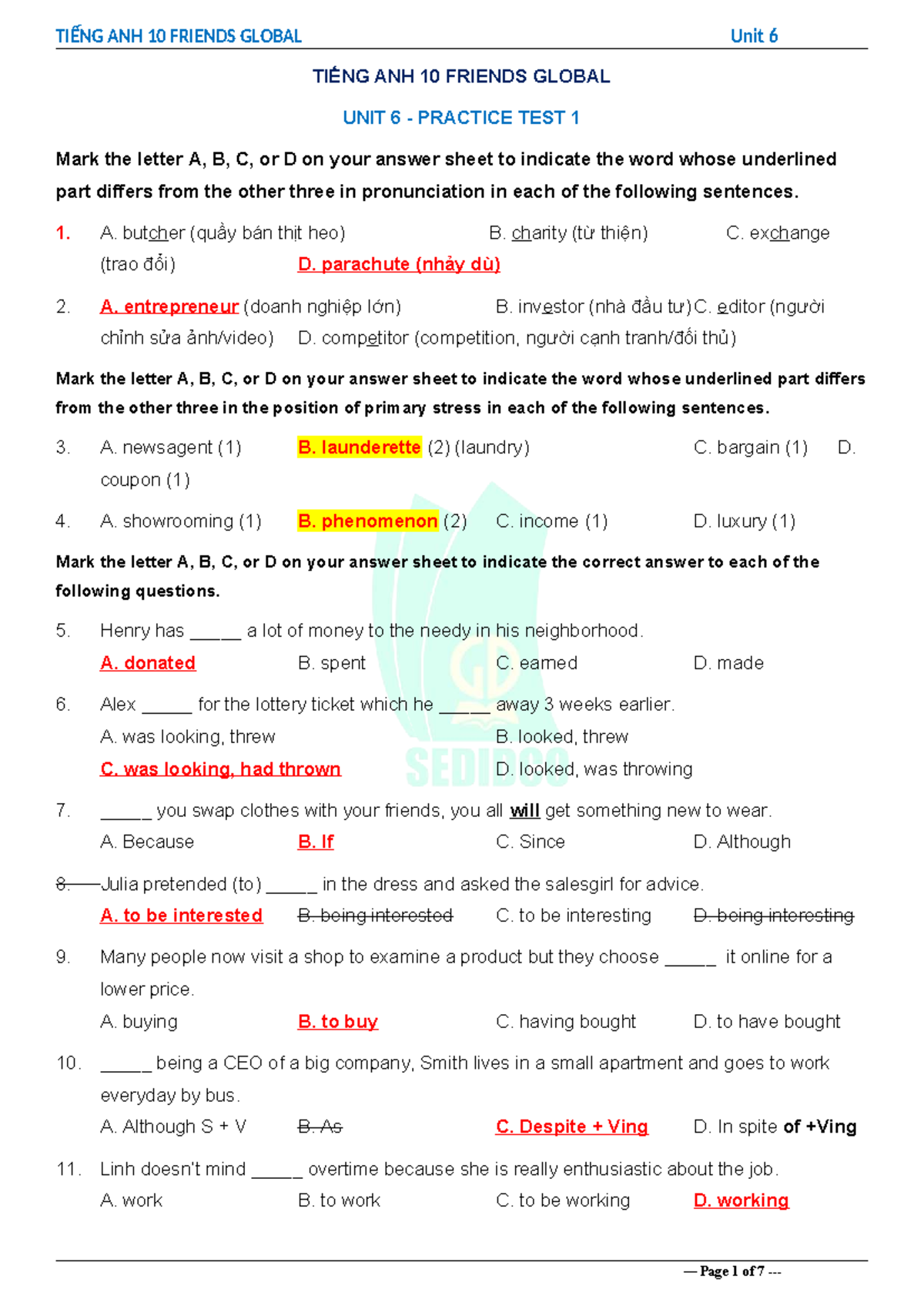 Tiếng Anh 10 Friends Global - Unit 6 - Practice Test 1 - Studocu