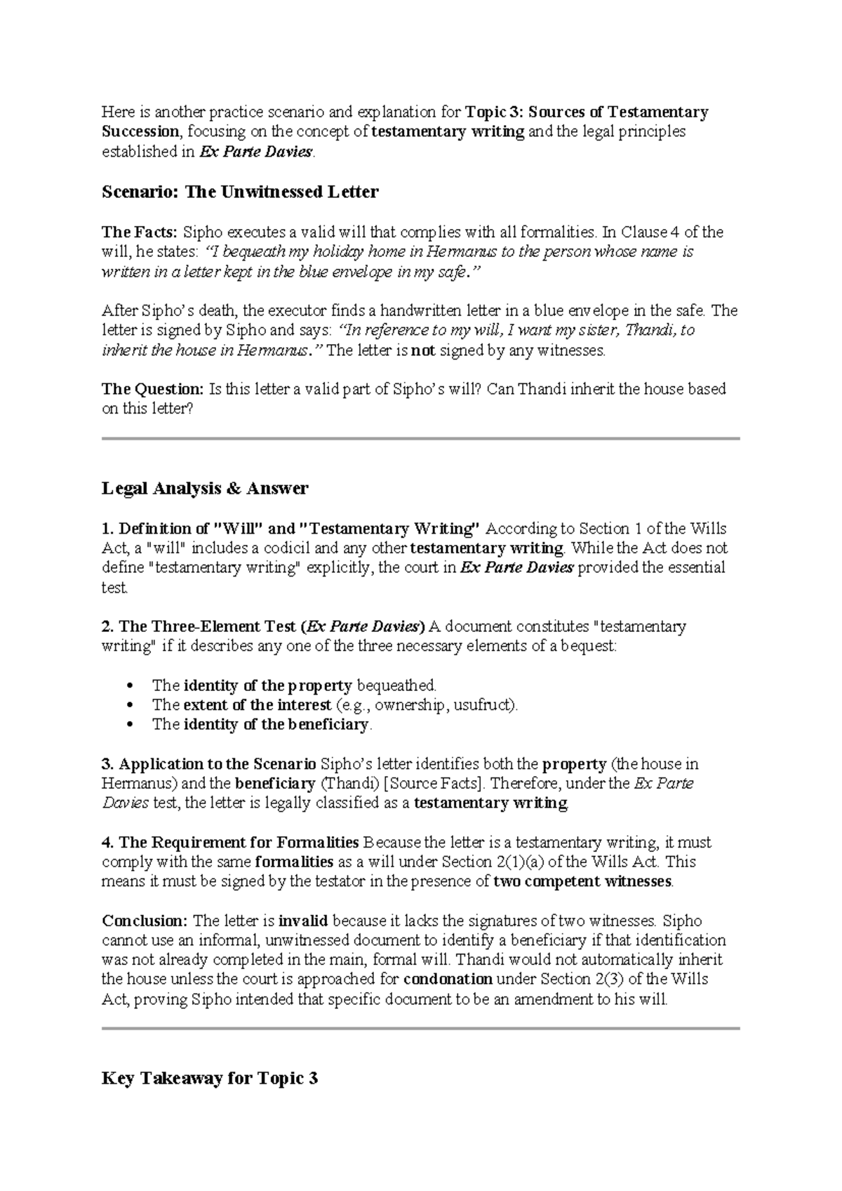 Succession Practice Paper 3: Testamentary Writing & Ex Parte Davies ...