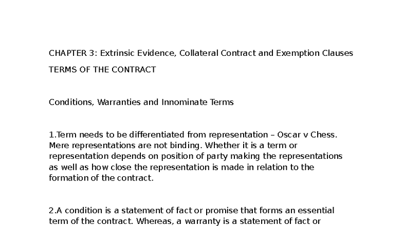 CHAPTER 3: Extrinsic Evidence, Collateral Contracts & Exemption Clauses ...