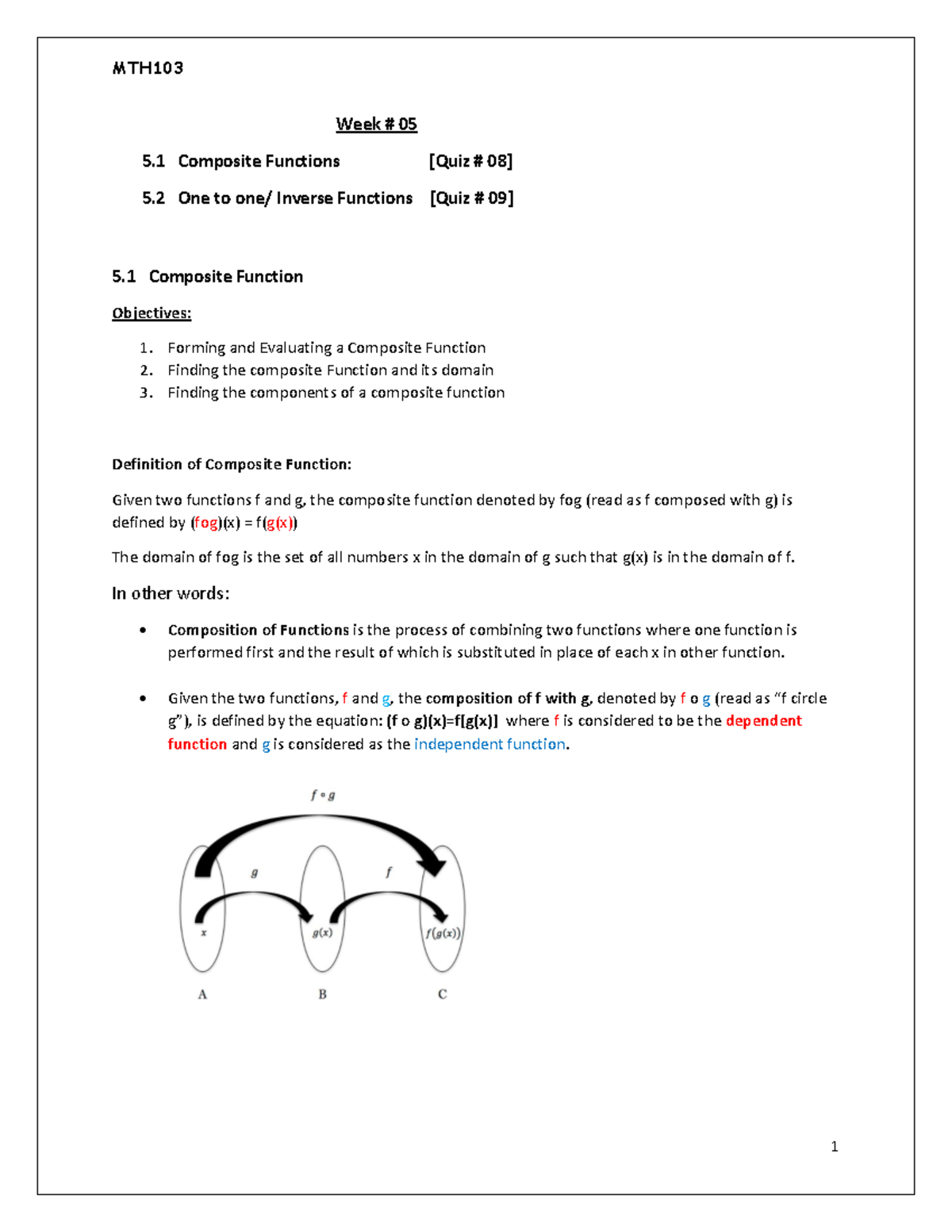 MTH103 Week 05 Lecture Notes: Composite & Inverse Functions - Studocu