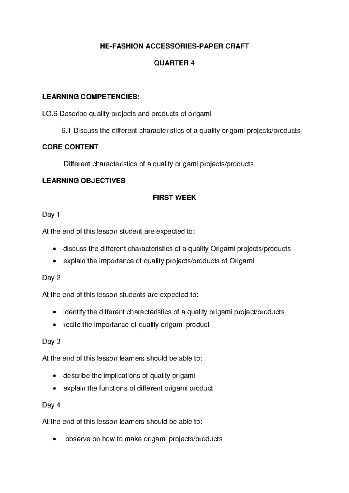 HE- Fashion Accessories - Paper Craft Q4 Learning Plan & Activities ...