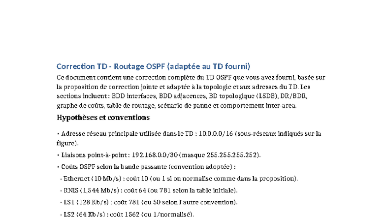 Correction TD OSPF Adaptée - Analyse et Modèles Complets - Studocu