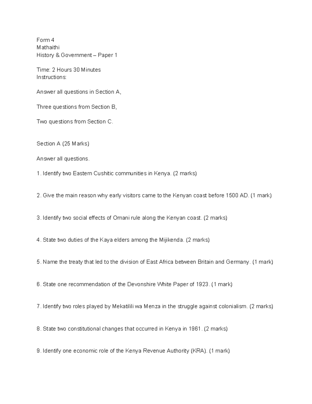 Form 4 History Government Paper 1 - End Term 2 Exam Guide - Studocu