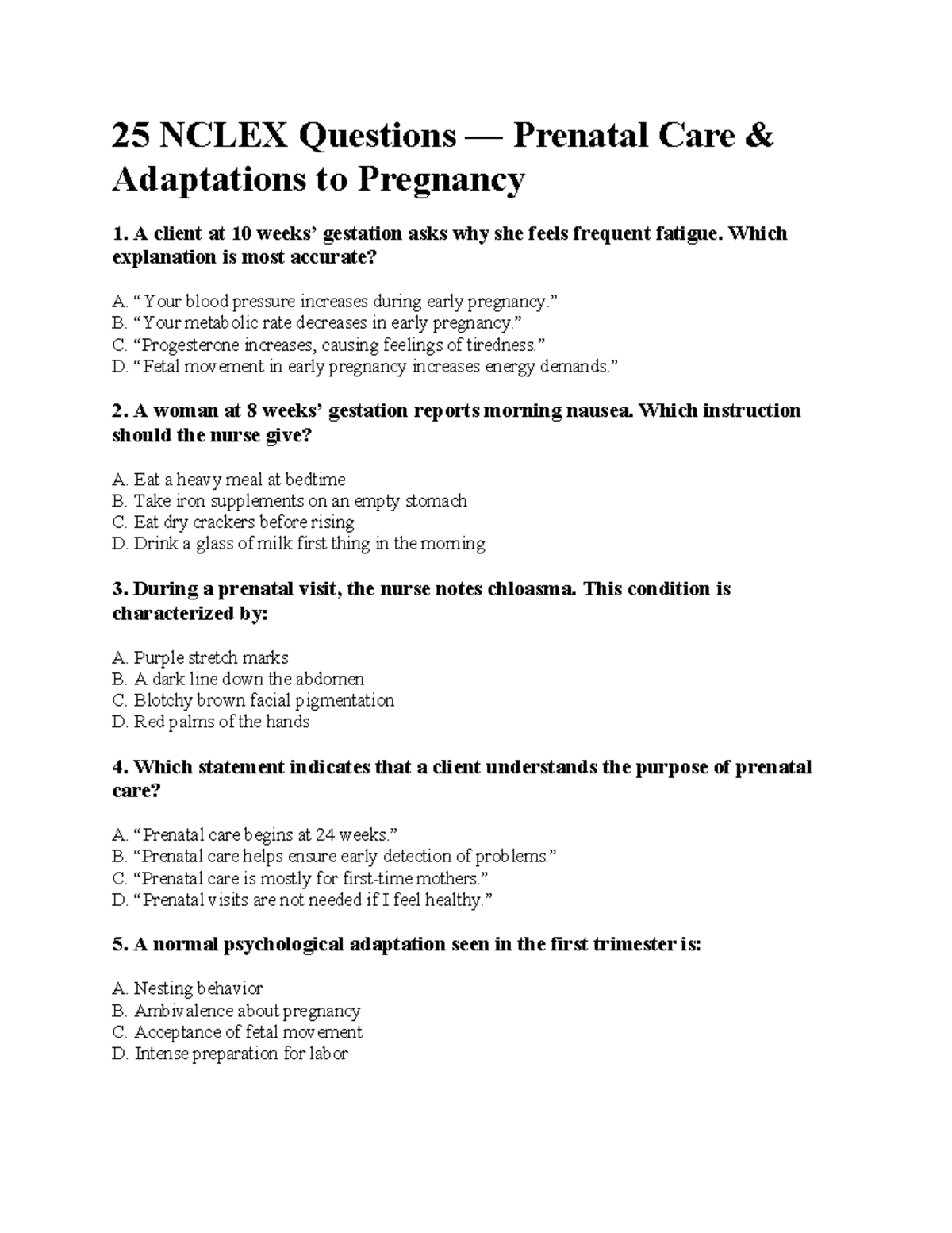 NU 170 Maternity NCLEX Questions: Chapter 4 on Prenatal Care - Studocu