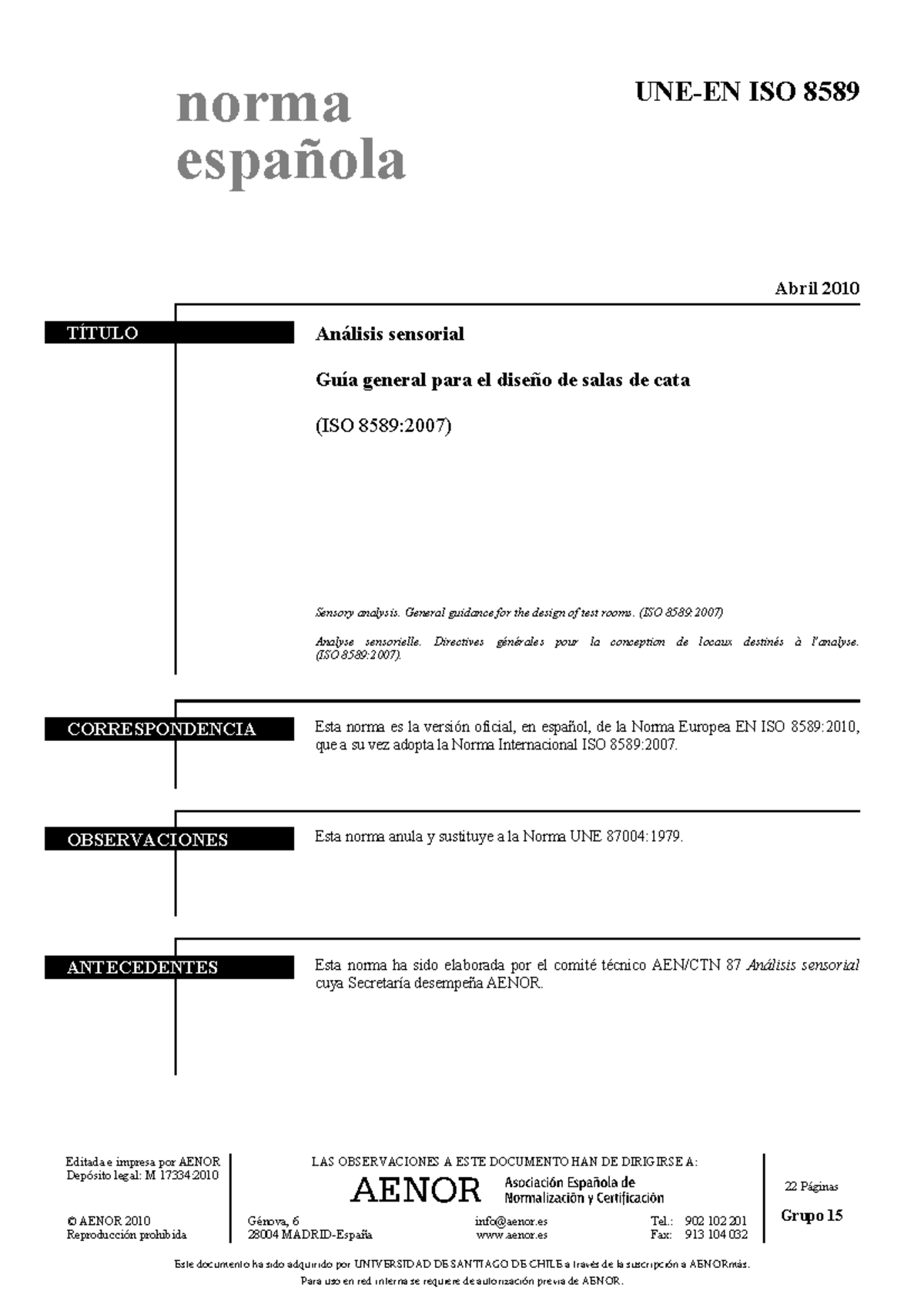 Guía UNE-ISO 8589: Diseño de Salas de Cata para Análisis Sensorial ...